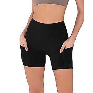 ODODOS 5" Tummy Control Yoga Shorts for Women with Pockets High Waist Athletic Workout Biker Shorts, Black, Medium
