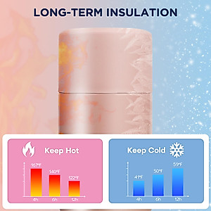 Baokai Insulated Food Jar 18 oz, Leak Proof Soup Thermos for Kids Adults, Stainless Steel Thermal Lunch Container for Hot Food with Folding Spoon for School Office Camping Picnic Travel - Pink