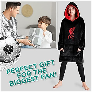 Liverpool FC Fleece Hoodie Blanket for Boys Teenagers One Size Kids Oversized Hoodie Liverpool Gifts for Boys (Black)