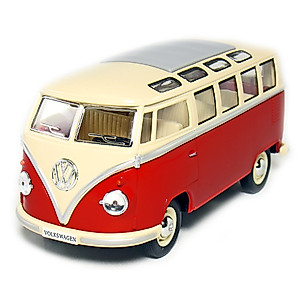 KINGSMART 1962 Volkswagen Classic Hippy Bus 7" 1:24Scale Red Die Cast Metal Model Toy Pull Back Action Car