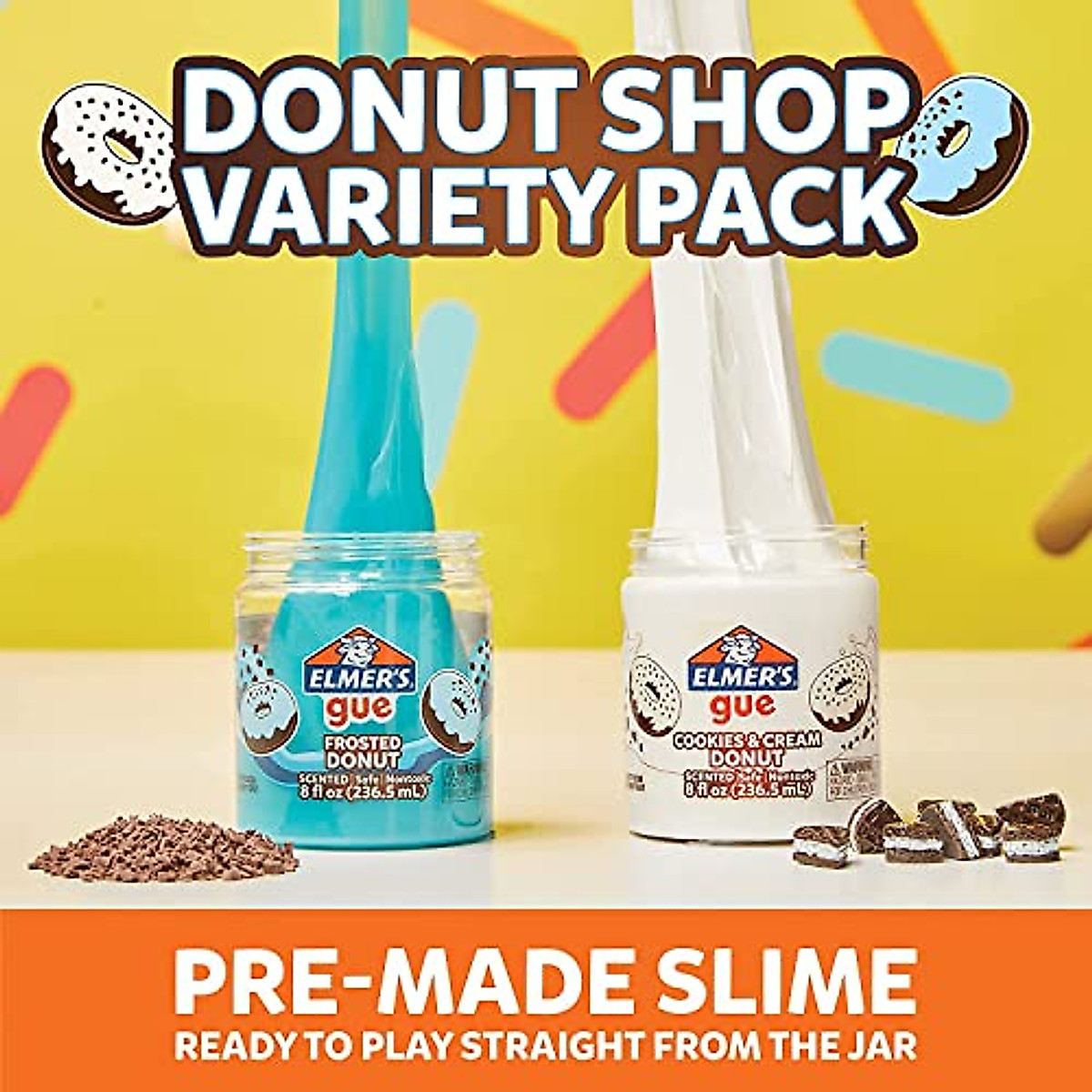 Elmer's GUE Premade, Donut Shop Variety Pack, Scented, Includes Fluffy, Glossy Blue, Slime Add-Ins, 2 Count