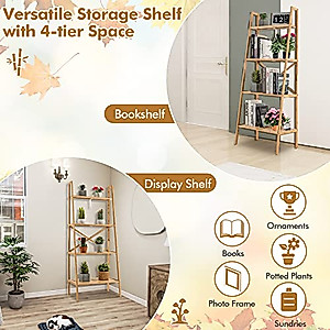 Tangkula 4 Tier Bamboo Ladder Bookshelf, Freestanding Plant Display Stand w/Anti-Tipping Device, Multifunctional Storage Shelves Rack for Home Office Living Room Bedroom Study Hallway (Natural)