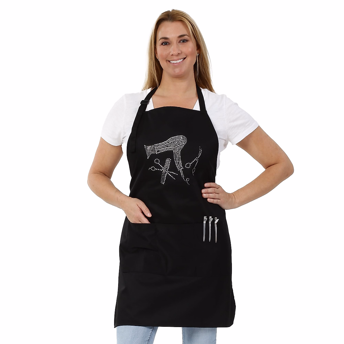 Plum Hill Hair Stylist Apron with Rhinestones - Salon Aprons for Hairdresser and Cosmetology - 3 Pockets, Long Ties, Black
