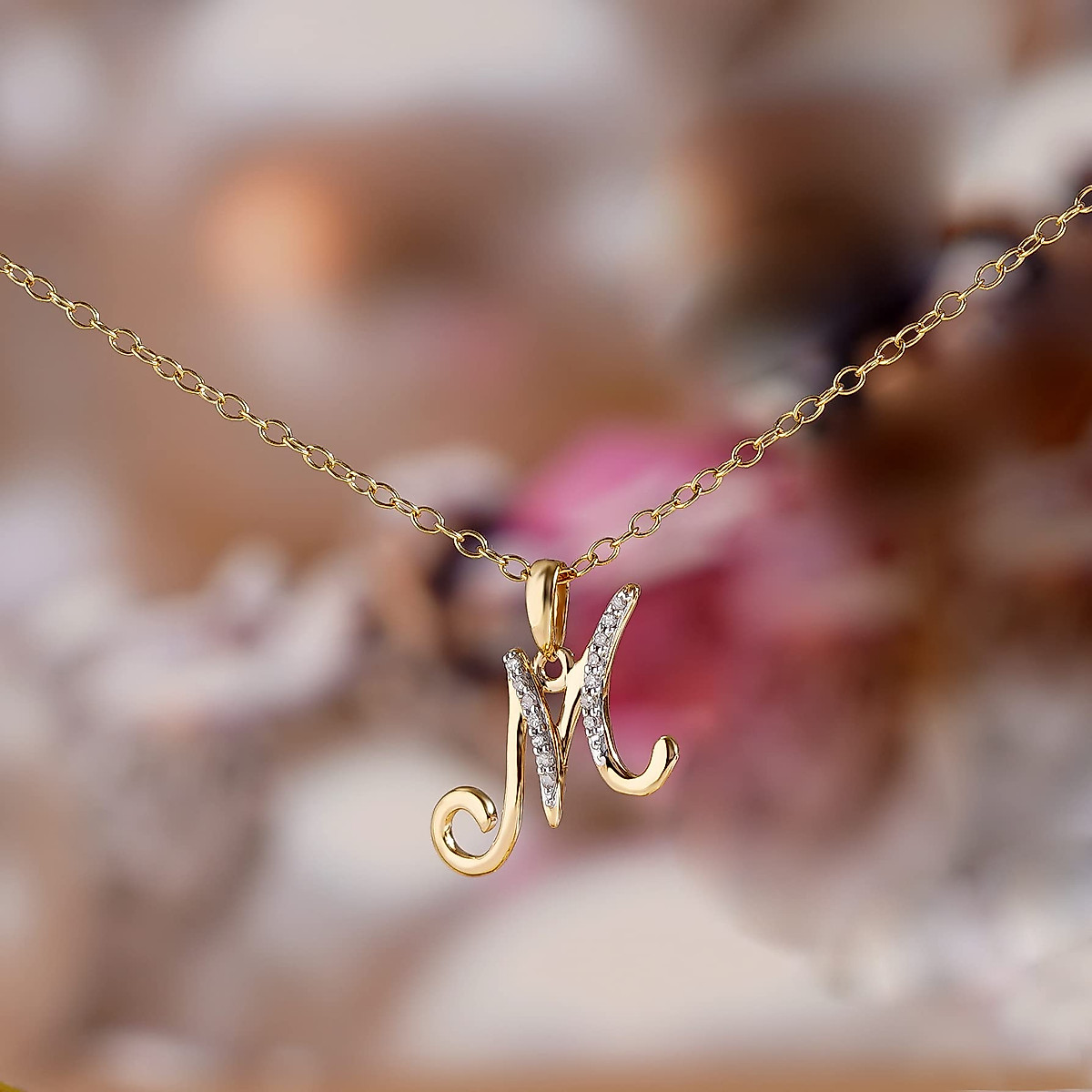 DZON Sterling Silver 1/20Ct TDW Diamond Studded Initial Charms Alphabet Name Letter M Pendant Necklace for Women(I-J,I2)