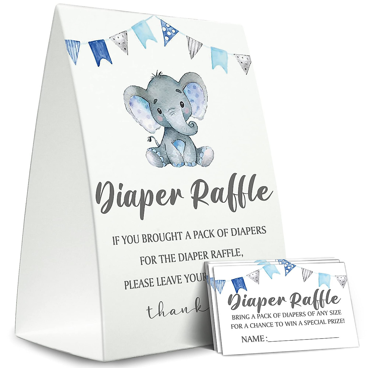 Tesedupoole Diaper Raffle Sign, Baby Shower Game Kit, 50 Guessing Cards, Elephant Bunting Raffle Insert Ticket, Decorations