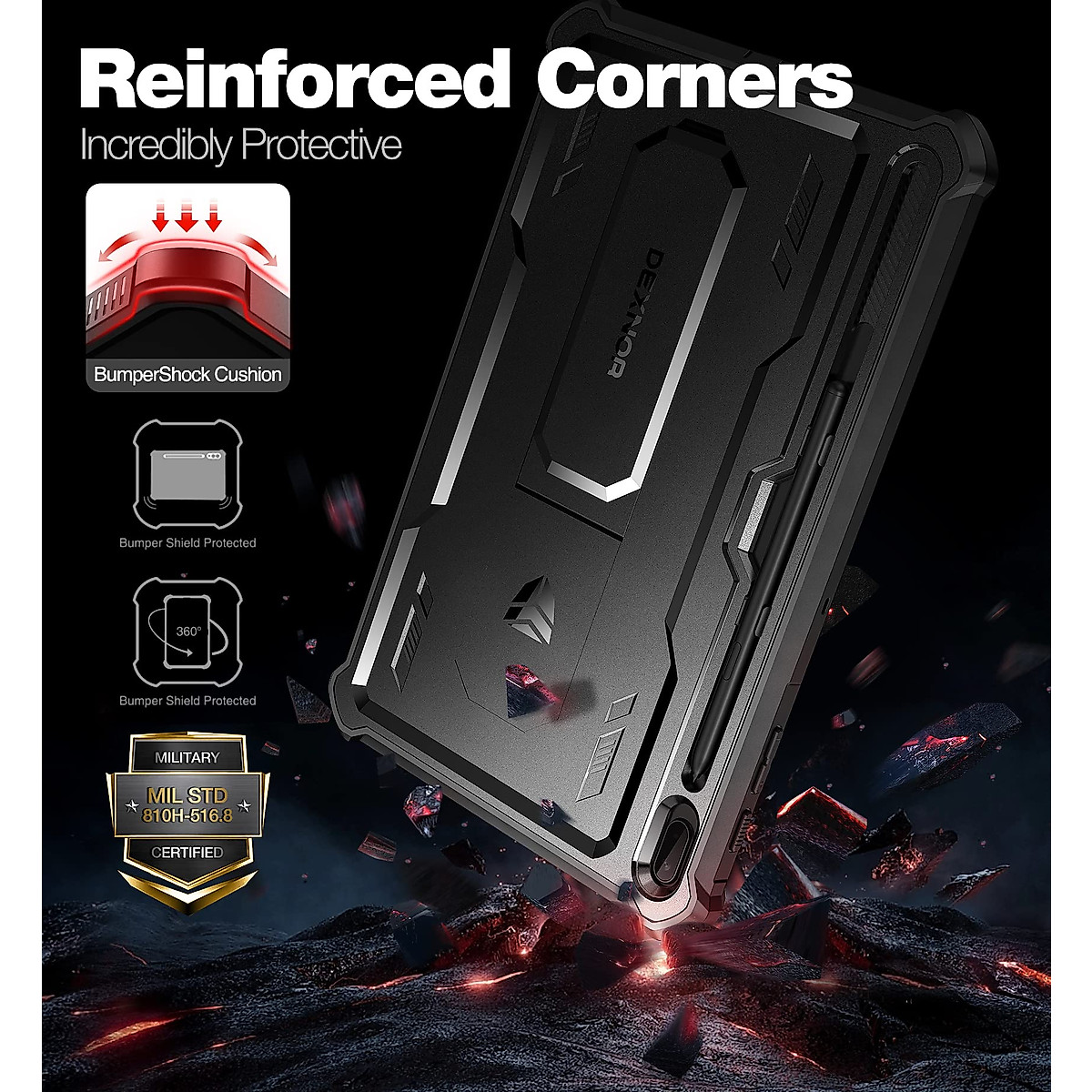 Dexnor Case for Galaxy Tab S7 FE 12.4 Inch (2021), [Built in Screen Protector & Kickstand] with Pen Holder Heavy Duty Shockproof Full Body Protective Cover for Galaxy S7 FE Case-Black