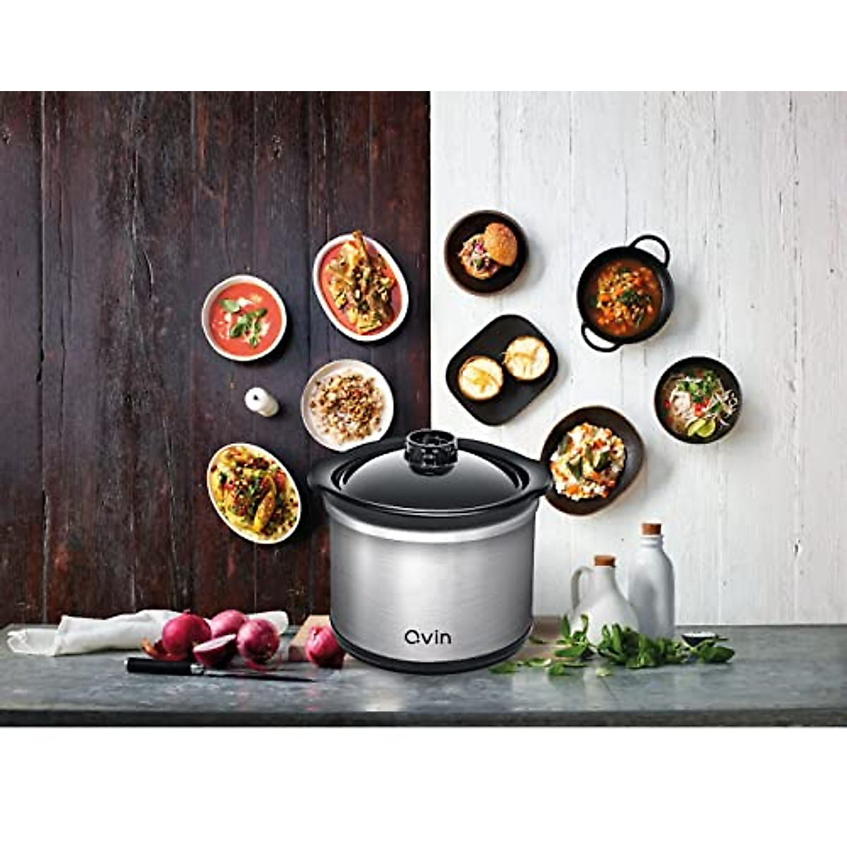 Qvin 0.65-qt Mini Round Slow Cooker 1pc + 10pcs Disposable Liners, Fondue Melting Pot Warmer with Dishwasher-safe Stoneware Crock, Glass Lid, Stainless Steel housing, BPA Free