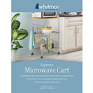 Whitmor Supreme Microwave Cart with Locking Wheels - Chrome with Food Safe Cutting Board 16 x 22.5 x 34 inches
