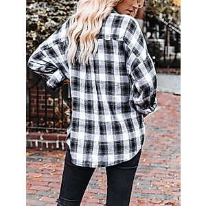 Paintcolors Women's Plaid Button Down Shirts Long Sleeve Blouses Flannel Oversized Tunic Tops with Pockets - Black-White XL