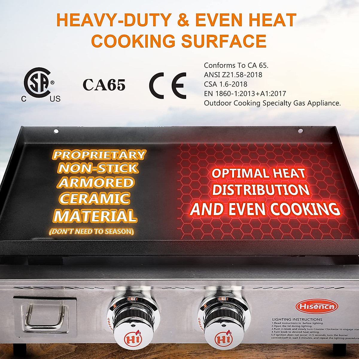 Hisencn Portable Flat Top Grill and Portable Grill Cart Folding Cart Outdoor Griddle Stand Shelf, Nonstick Camping Griddle 348 sq. in. 24000 BTUs Griddle for Tabletop Gas Grill, 22 Inch with Hood