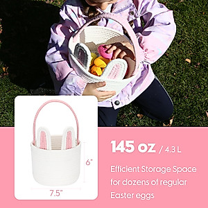 Sea Team Easter Bunny Basket for Eggs Hunt, Easter Eggs Bucket, Small Woven Cotton Rope Tote Bag with Rabbit Ears & Fluffy Tail for Kids, Easter Days Decoration, Party, Holidays, Pink