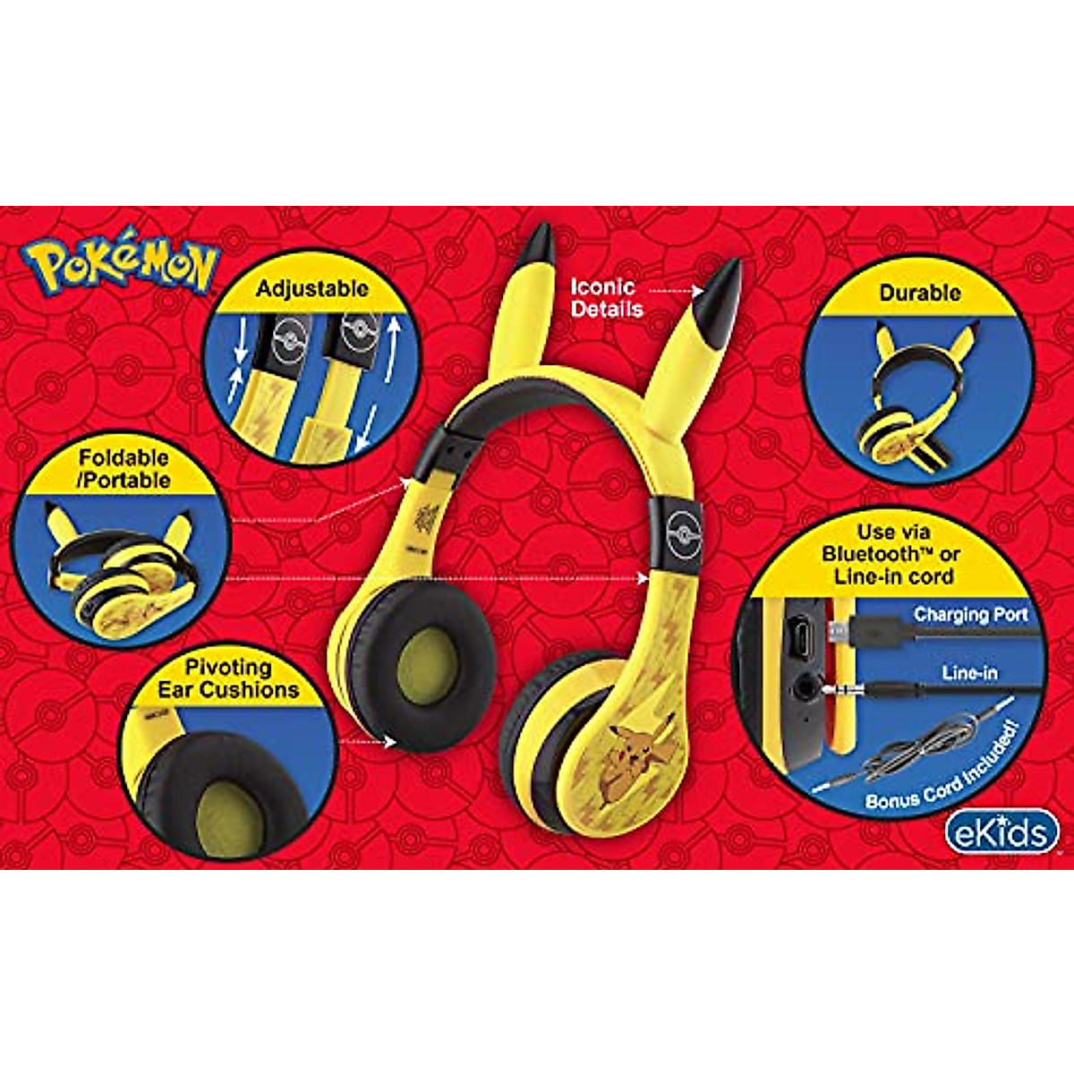 eKids Pokemon Kids Bluetooth Headphones, Wireless Headphones with Microphone Includes Aux Cord, Volume Reduced Kids Foldable Headphones for School, Home, or Travel