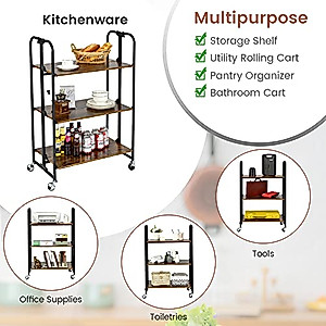Giantex Foldable Storage Shelves with Wheels, No Assembly 3-Tier Rolling Cart, 2 of The Wheels Have Locks, Microwave Utility Cart Baker Rack, Portable Storage Rack w/Metal Frame, for Kitchen, RV