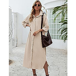 Sopliagon Women Cotton and Linen Shirt Dress Casual Loose Maxi Dresses Apricot XL