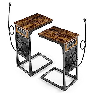 HOUIT C Shaped End Table with Charging Station Set of 2, Small Side Table for Sofa Couch and Bed, Sectional Slide Under Couch Table for Living Room, Bedroom
