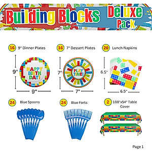 Building Block Deluxe Party Supplies Pack (137 Pieces for 16 Guests) - Brick Party Supplies, Gamer Birthday Decorations, Gamer Party Supplies , Blocks Party Decor, Brick Birthday, Blue Orchards