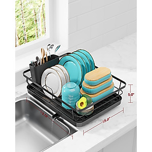 Sakugi Dish Drying Rack - Compact Dish Rack for Kitchen Counter with a Cutlery Holder, Durable Stainless Steel Kitchen Dish Rack for Various Tableware, Dish Drying Rack with Easy Installation, Black