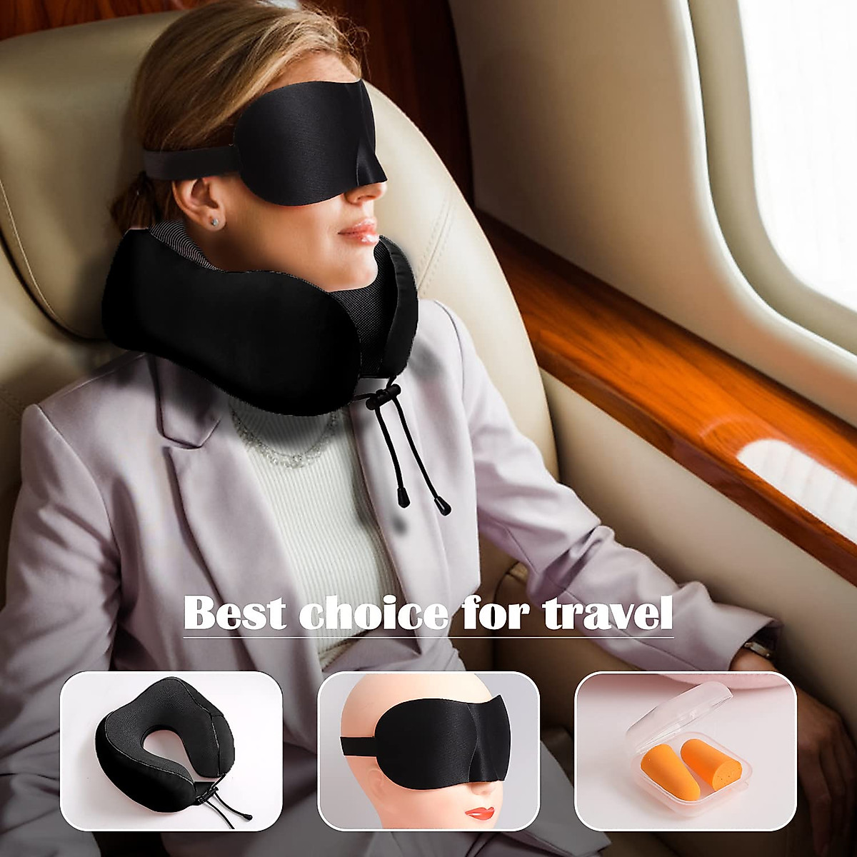 Travel Pillow 100% Pure Memory Foam Neck Pillow, Breathable & Machine Washable Cover, Neck Support Pillow with 3D Contoured Eye Mask, Earplugs & Portable Bag for Airplane Travel (Black)