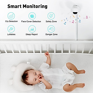 Simyke Video Baby Monitor with App and Screen 1080P Camera, Cry Detection, Lullabies, Two Way Talk, Night Vision, Face Detection, Wall Mount, Connect Smart Watch, Temperature Monitoring, Gift for Baby