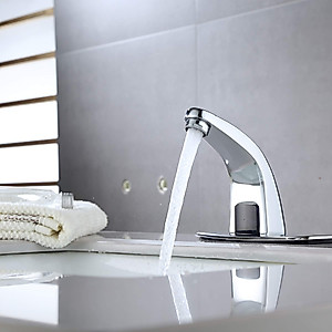 Automatic Touchless Bathroom Faucet Motion Sensor Sink Faucets, Hands Free Water Tap with Temperature Mixer Single Hole Cover Plate and 3/8" 1/2" Adapter & 3 Hoses, Chrome Finished