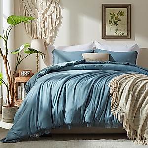 SunStyle Home Blue Grey Duvet Cover Queen Size,3pcs Washed Microfiber Bedding Set,Soft Breathable Tassel Duvet Cover Set with Zipper Closure and Corner Ties for All Seasons (No Comforter)