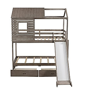 FIQHOME Twin Over Twin Bunk Bed with Two Storage Drawers,House Bunk Beds with Slide, House-Shaped Wood Bunk Bed,for Kids Boys Girls Toddler, No Box Spring Needed (New, Antique Gray)