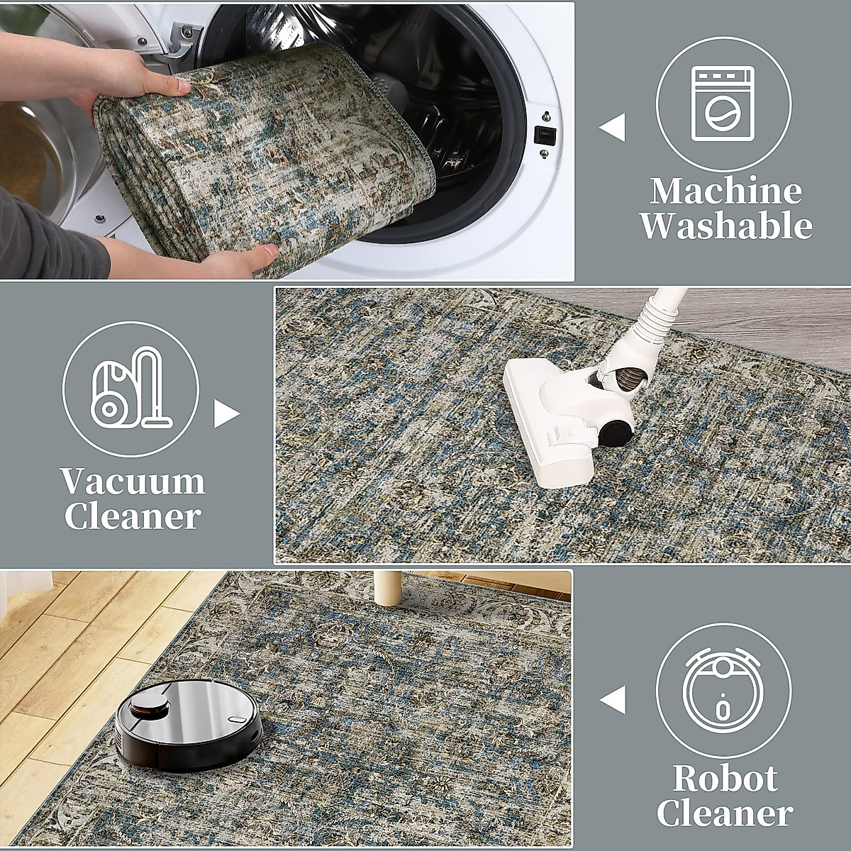 GarveeHome Washable Area Rugs 4x6 Rug Vintage Area Rug for Bedroom Non Slip Entryway Rug Chenille Living Room Rugs Distressed Non Shedding Stain Resistant Carpet for Nursery Office Blue 4'x6'