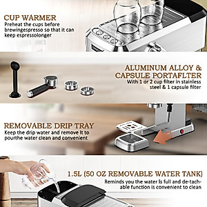 Pokk Espresso Machine 20 Bar, Professional Espresso Coffee Maker with Milk Frother Steam Wand, Compact Espresso Coffee Machine with 50oz Removable Water Tank for Cappuccino, Latte, Stainless Steel