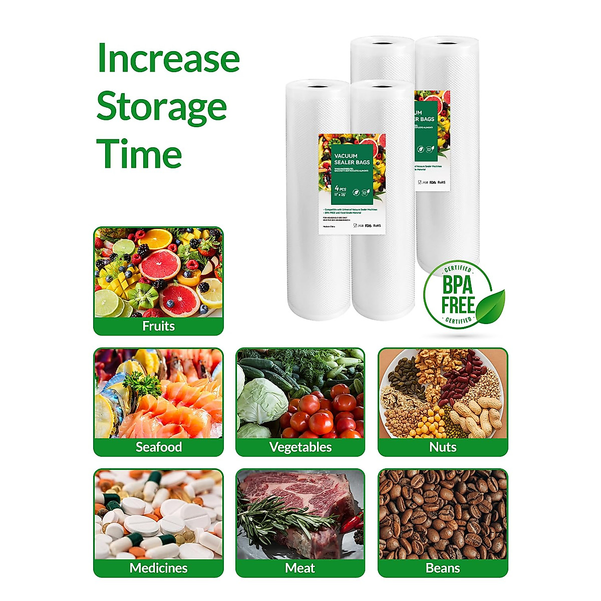 Vacuum Sealer Rolls Bags, 4 Rolls 11" x 25' Commercial Grade BPA Free Bag Rolls, Heavy Duty, Vacuum Storage Bags Food for vac storage, Meal Prep or Sous Vide