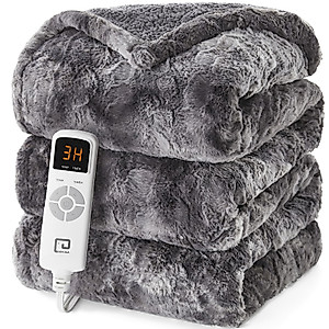EHEYCIGA Electric Heated Throw Blanket Twin Size Faux Fur, 10 Hours Auto Shut Off 9 Heating Levels Heating Blanket for Kids, Soft Warm Heated Blanket Fast Heating Grey, Faux Fur & Sherpa