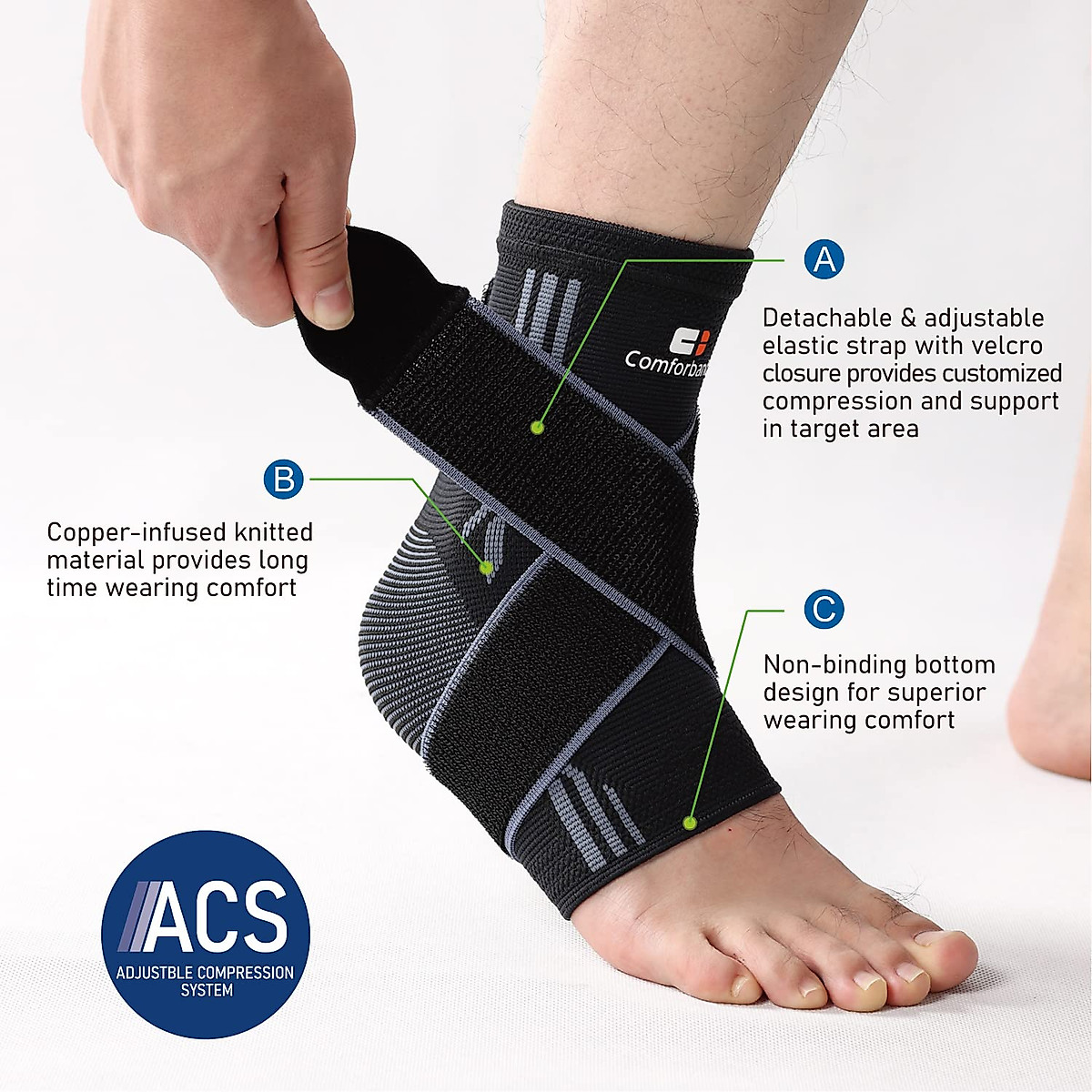 Comforband Ankle Compression Support with Adjustable Strap, Copper Infused – Breathable Sports Recovery Ankle Sleeve Brace for Running Walking Hiking Basketball Exercise etc. Relief for Plantar Fasciitis, Sprained, Strained or Swollen Ankle, Arthritis, Ac