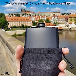 8oz Matte Black Flask + Black Funnel + Black Canvas Pouch. Plain Smooth Surface. Gift Idea Set, Exclusive Fancy Packaging. Alcohol Drinking Flasks For Liquor. Gift Under 20 Dollars. By Well-Deserved