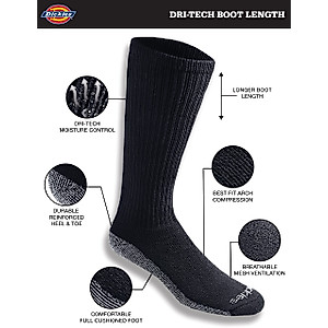 Dickies Mens Multi-pack Dri-tech Moisture Control Boot-length Socks, Black (12 Pairs), 6-12 US