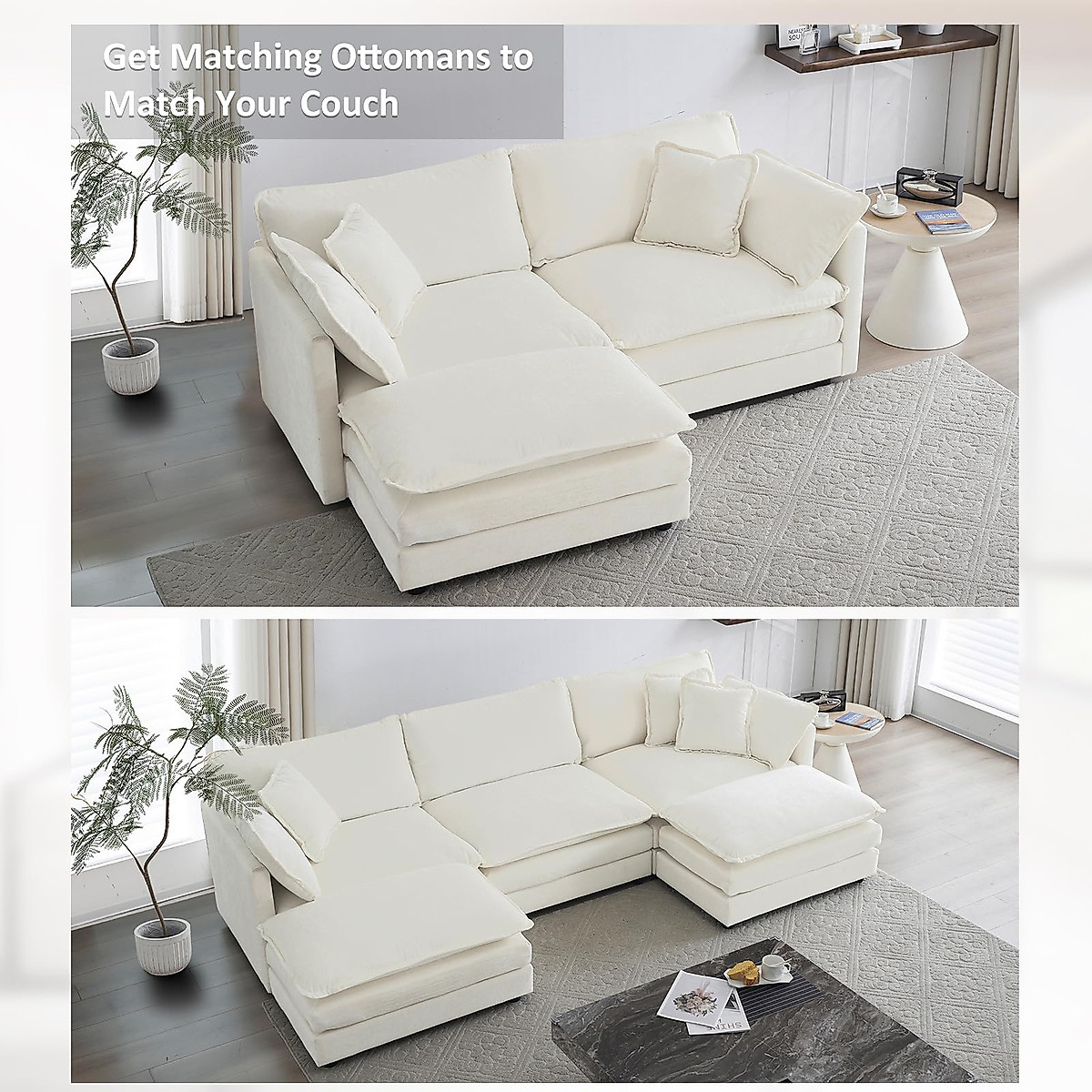 KIVENJAJA Chenille Upholstered Ottoman Footrest for Loveseat Sofa, Modular Sectional Couch, Beige