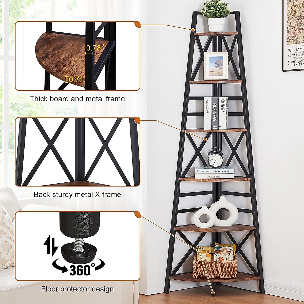 HOMBAZAAR Corner Shelf, 72 Inch Industrial Corner Bookshelf, 6 Tier Tall Corner Ladder Shelf with Metal Frames, Rustic Corner Shelf Stand for Living Room, Bedroom, Office, Rustic Brown