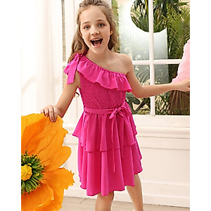Danna Belle Pink Dress for Girls Summer Party One Shoulder Sleeveless Ruffle Dresses Size 7