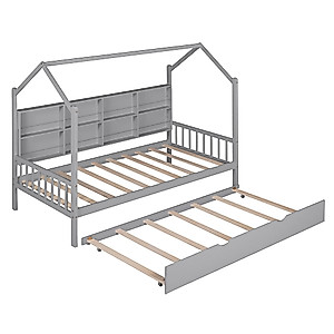 Bellemave Twin Size House Bed with Trundle and Storage Shelves, Montessori Bed Wood Playhouse Bed Frame,Wooden Kids Bed Frame with Roof Design(Twin,Gray)