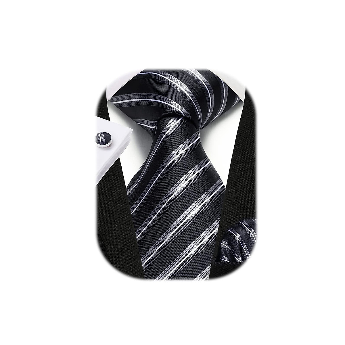 Enlision Black White Ties Stripe Mens Ties and Pocket Square Set Classic Silk Woven Neckties Handkerchief Cufflinks Formal Business Wedding Necktie Gift Box