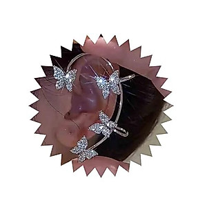 Yheakne Butterfly Ear Cuff Earrings Silver Rhinestone Butterfly Wrap Crawler Earrings Cz Full Ear Earrings No Piercing Earrings Jewelry for Women Animal Earrings (Silver)