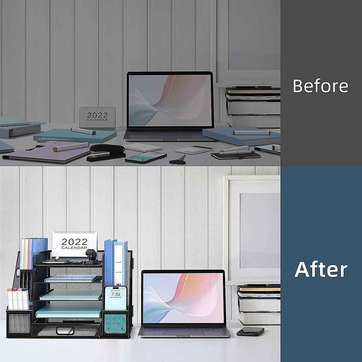 SUPEASY Mesh Desk Organizer with File Holder 5-Tier Paper Letter Tray Organizer with Magazine Holder Desktop Organizer and Storage with Upright Sections for Office Supplies Home or School (Black)