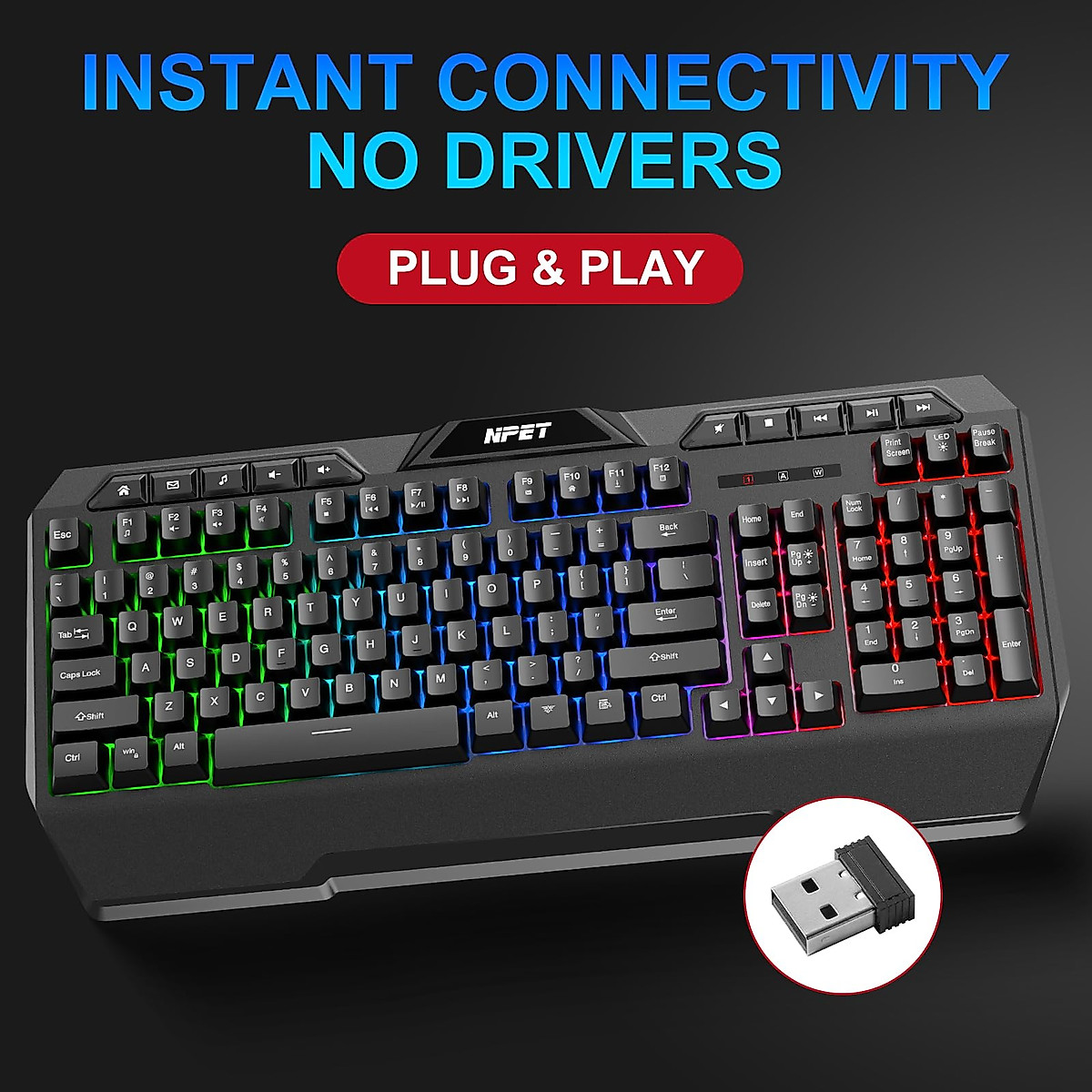 NPET K32 Wireless Gaming Keyboard RGB with Wrist Rest - Long-Lasting Rechargeable Battery - Quick and Quiet Typing - Water Resistant Backlit Wireless Keyboard for PC PS5 PS4 Xbox One Mac - Black