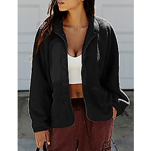 PRETTYGARDEN Women 2023 Fall Fleece Jacket Long Sleeve Casual Winter Lapel Button Fuzzy Sherpa Coats Outerwear with Pockets (Black, Medium)