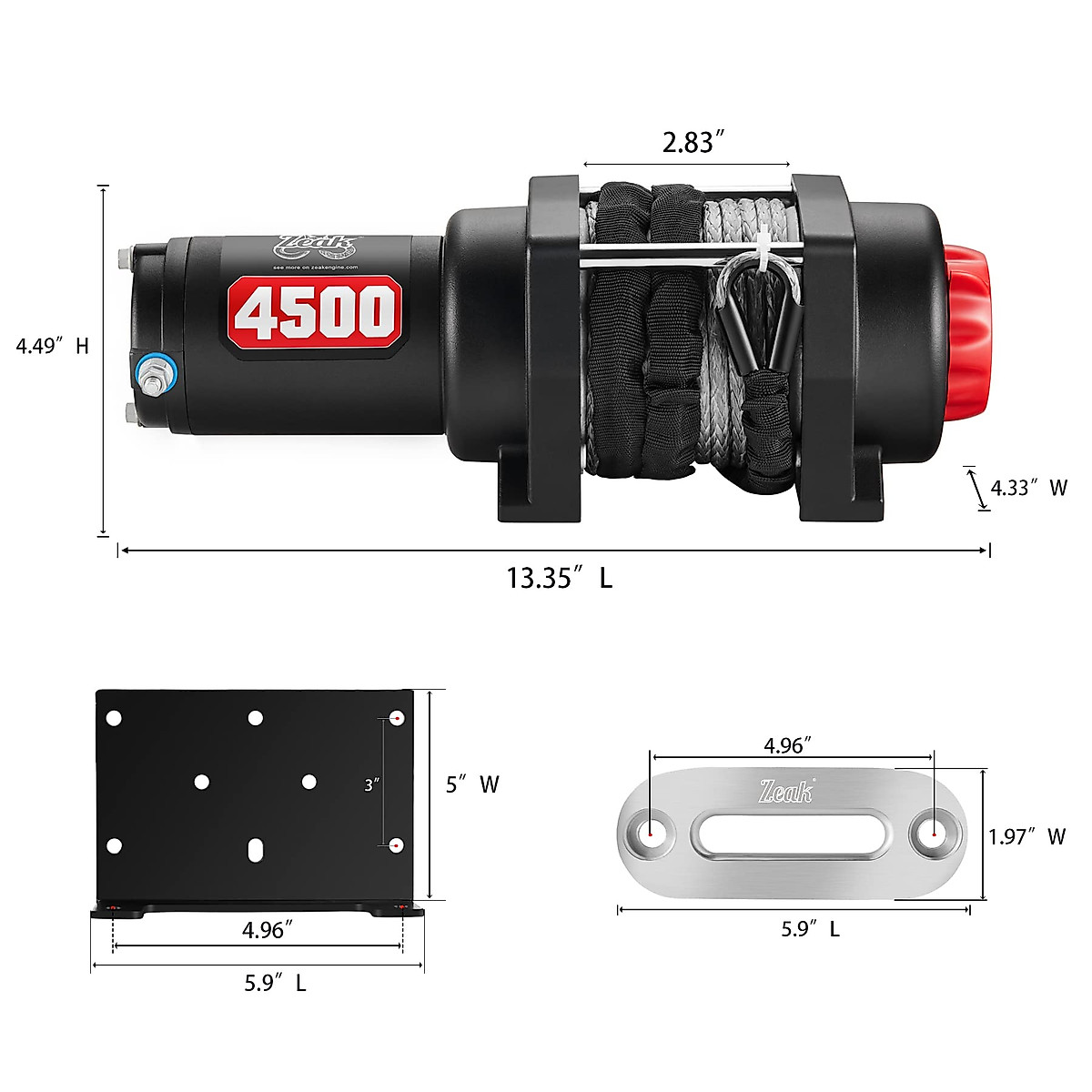 ZEAK 4500 lb Winch Kit, 12V 45 Feet Synthetic Rope, with Wireless Remote Bracket, for UTV Off Roading