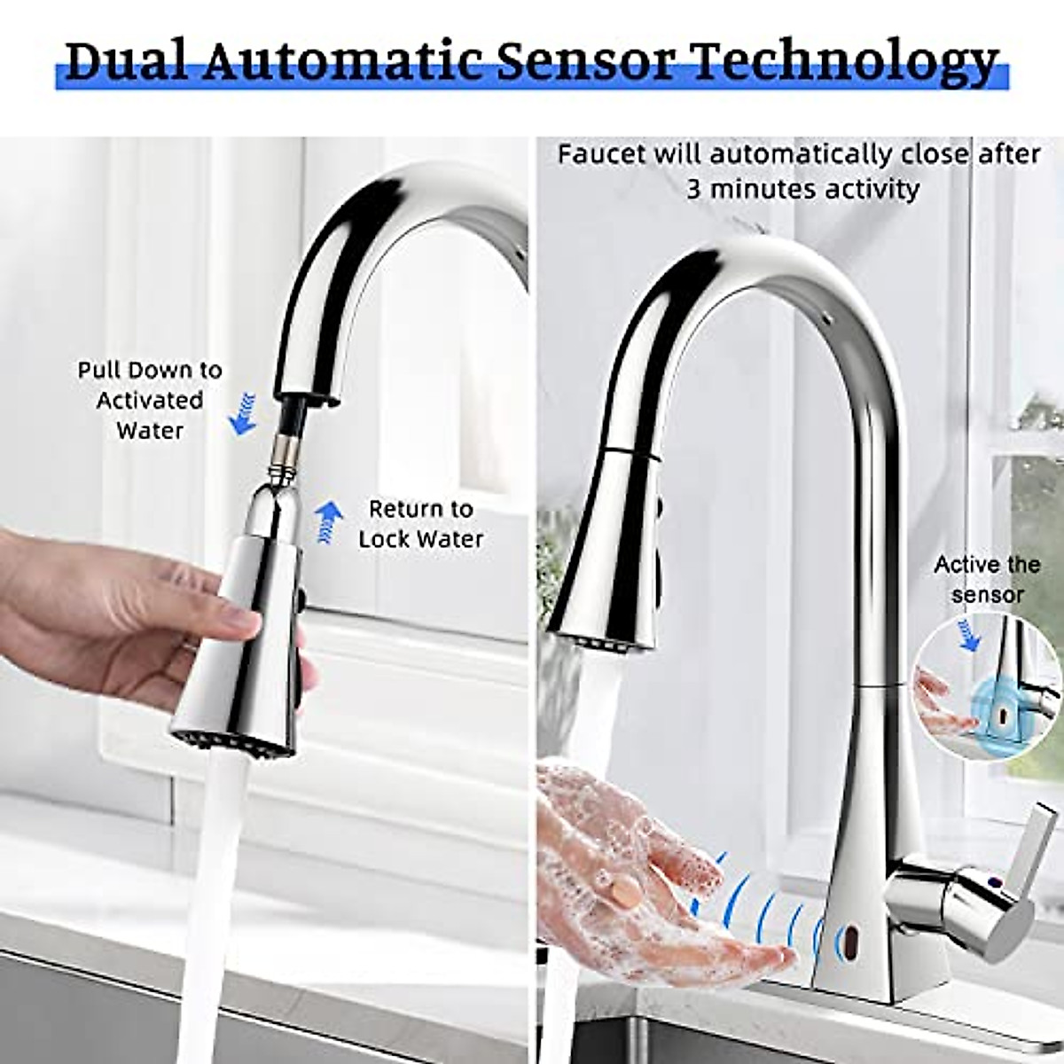 Touchless Kitchen Faucet with Pull Down Sprayer, ANBSR Motion Sensor Automatic Kitchen Sink Faucet Pull Out Sprayer Single Handle 3 Hole 3 Setting Polished Chrome Stainless Steel Kitchen Faucet