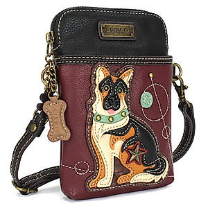 CHALA Cell Phone Crossbody Purse-Women PU Leather/Canvas Multicolor Handbag with Adjustable Strap - German Shepherd Gen II - maroon