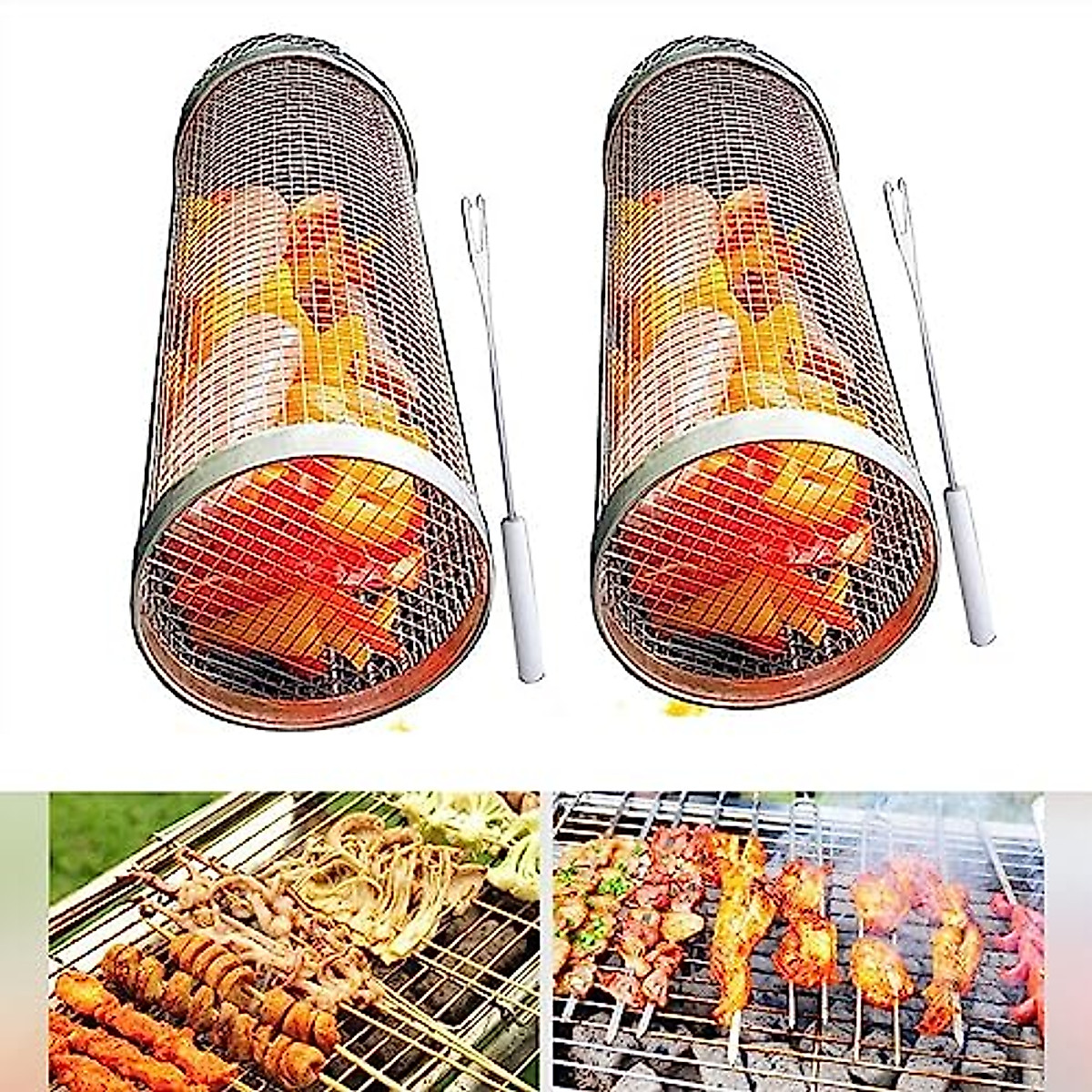 OQOPO BBQ Net Tube, Rolling BBQ Grilling Basket, Outdoor Picnics BBQ Grill Stainless Steel Mesh Versatile Cylinder Grill Cooking Accessories for Vegetables,Fries,Meat,Fish BBQ Net Tube (2Pcs)