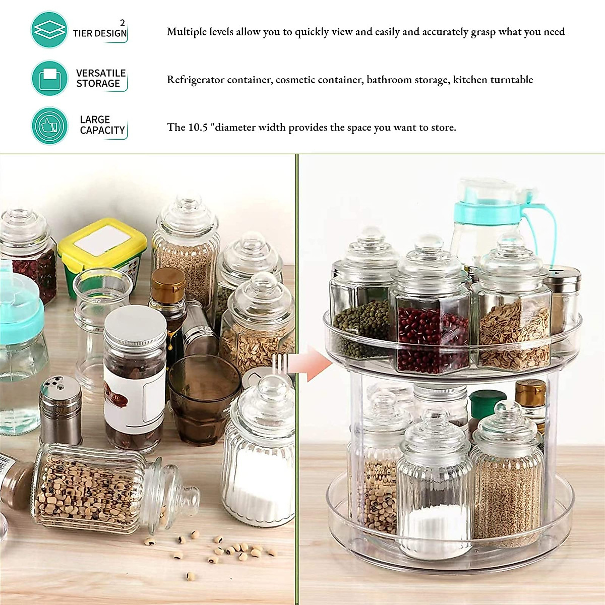 Acrylic Lazy Susan Organizer, 2 Tier Turntable for Cabinet,10.5 Inch Cleaning Supplies Organizer for Fridge Bathroom Sink Under and Storage Cabinets Kitchen Easy to Install or Separate