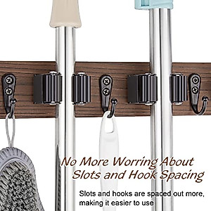 OUTNILI Mop Broom Holder Wall Mount Wood Broom Mop Hanger - Wall Mounted Garden Tool Rack Organizer for Closet Garage Laundry Room Kitchen Decor With 4 Slots & 4 Hooks