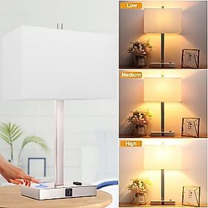【Upgraded】21" Set of 2 Bedside Touch Control Table Lamp with USB A+C Charging Ports & AC Outlet, 3-Way Dimmable Modern Nightstand Lamp With White Shade for Bedroom, 2700K LED Bulbs Included