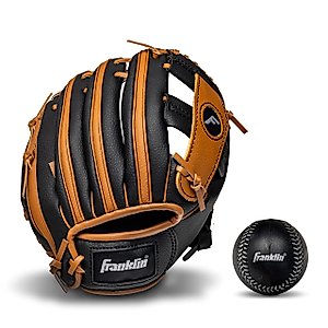 Franklin Sports unisex youth Right Handed Thrower Franklin Sports Kids Baseball Gloves RTP Child s Tball Glove Ball Set Boys Girls Teeball Mit, Black/Tan, 9.5 US